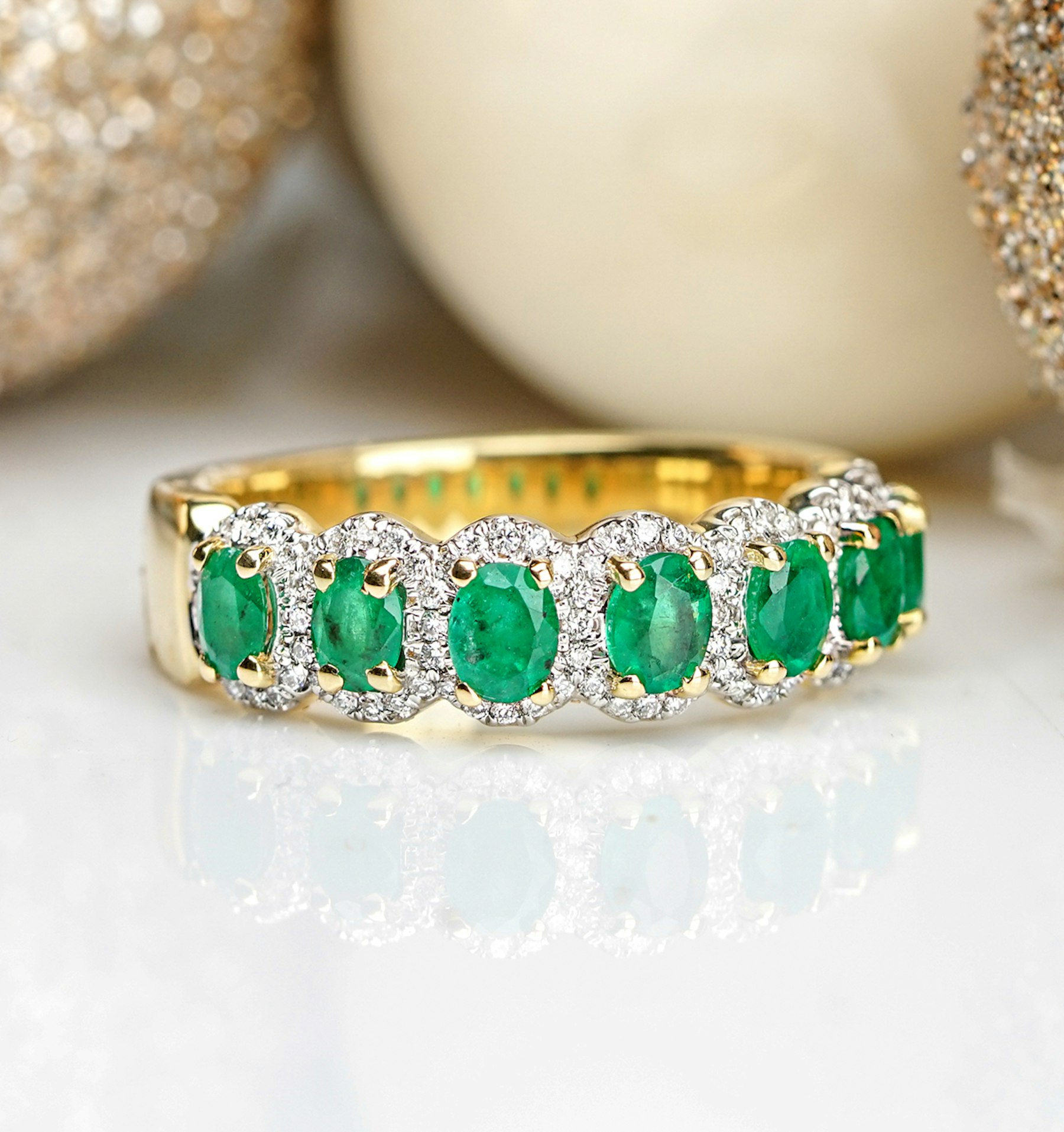 Emerald And Diamond Halo Eternity Ring 18k Gold Asteria Collection