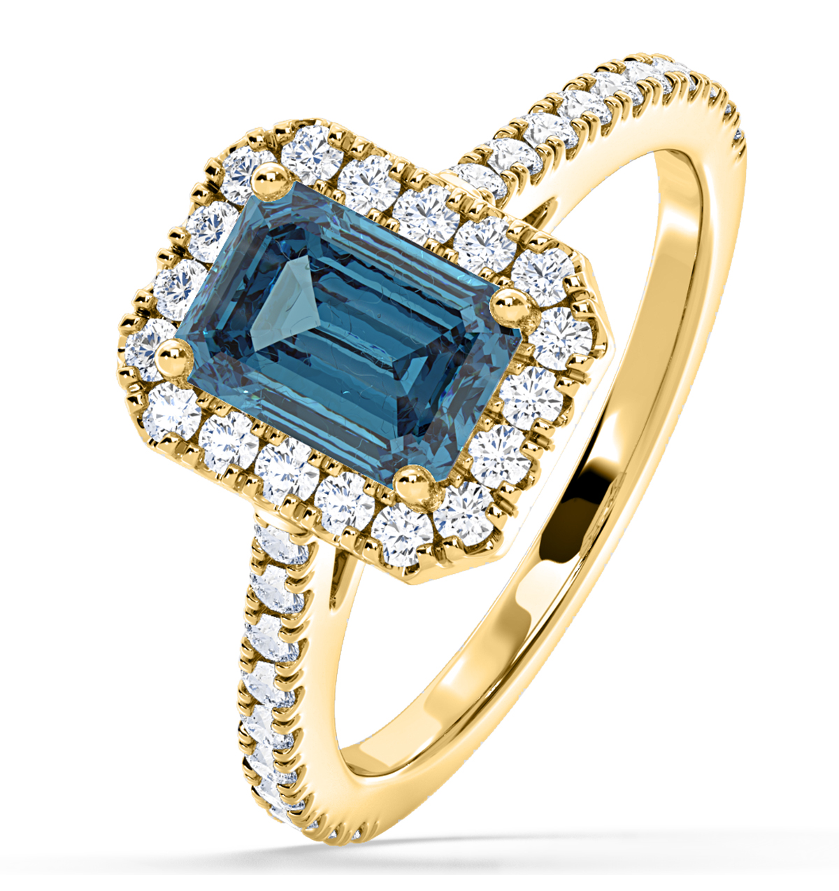 Annabelle Blue Lab Diamond 1.65ct Emerald Cut Halo Ring in 18K Yellow ...