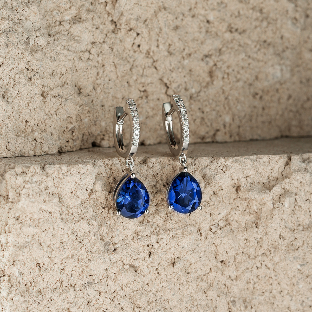 Astra 6.50ct Lab Sapphire and Diamond Drop Pear Cut Earrings in Silver